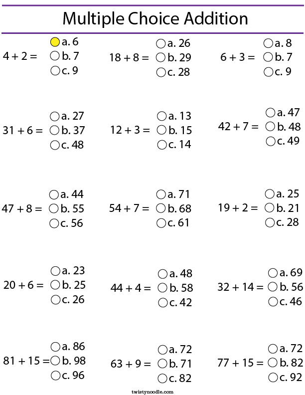 Multiple Choice Addition Math Worksheet - Twisty Noodle Multiple Choice Addition Math Worksheet - Twisty Noodle